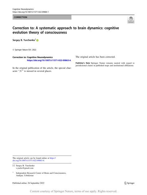 Correction To A Systematic Approach To Brain Dynamics Cognitive