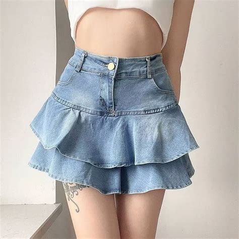 Jual Rok Denim Wanita Gaya Korea Pinggang Tinggi Rok A Line Rok Denim
