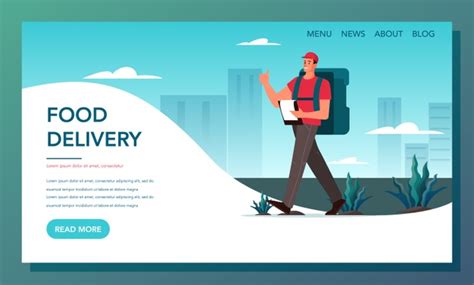 음식 배달 웹 배너 온라인 배송 인터넷에서 주문하고 택배를 기다리십시오 음식 배달 방문 페이지 프리미엄 벡터