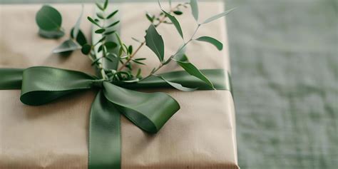 Ecofriendly Rustic T Wrap With Green Ribbon And Foliage For Thoughtful Presents Concept