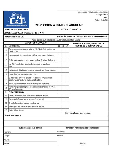 Checklist Esmeril Angular Andrea 2020 Pdf Bienes Manufacturados
