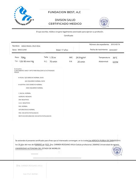 Certificado Médico De Salud Y Aptitud Pdf