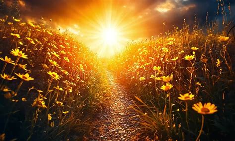 Sunlit Path Through Vibrant Wildflowers Stock Footage Video Of