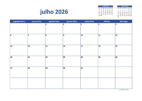 Calendário Julho 2026