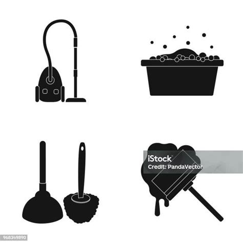 청소 및 메이드 블랙 디자인에 대 한 설정된 컬렉션에 아이콘 벡터 기호 재고 웹 일러스트 레이 션을 청소 장비입니다 건축물에 대한 스톡 벡터 아트 및 기타 이미지 Istock