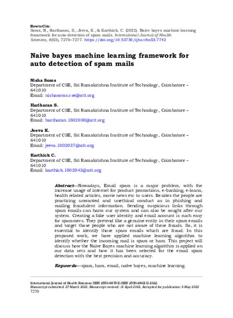 Pdf Naive Bayes Machine Learning Framework For Auto Detection Of Spam