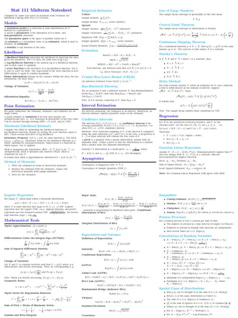 Statistical Inference Cheat Sheet Pdf Estimator Bias Of An Estimator