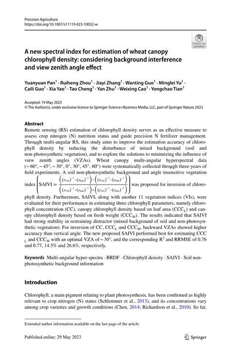 Pdf A New Spectral Index For Estimation Of Wheat Canopy Chlorophyll