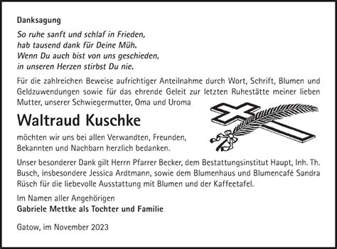 Traueranzeigen Von Waltraud Kuschke Märkische Onlinezeitung Trauerportal
