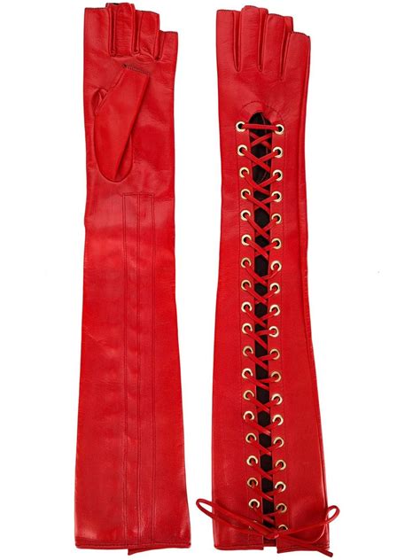 Red Leather Tie Red Long Gloves Lace Up Leather Gloves Fashion