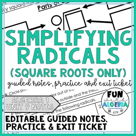 Simplifying Radicals Square Roots Only No Variables Editable Algebra 1 Notes