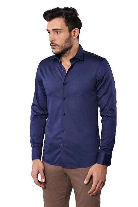 Cotton Satin Slim Fit Navy Blue Men Shirt Wessi Wessi Wholesale