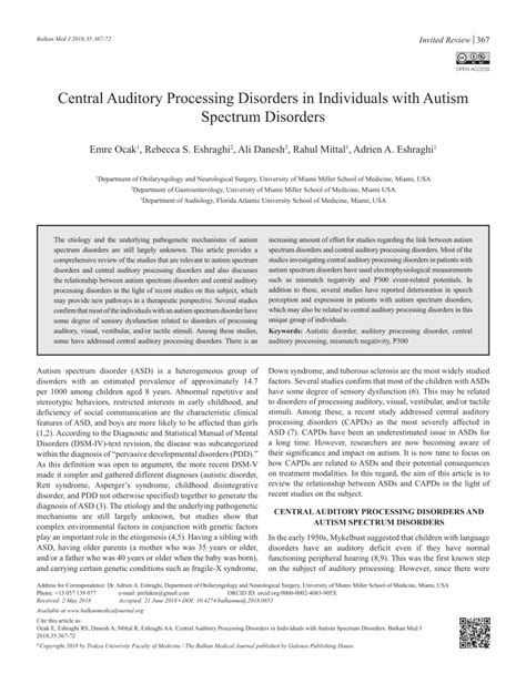 Pdf Central Auditory Processing Disorders In Individuals With Autism