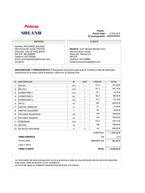 Presupuesto De Pintura Para Vivienda Pdf