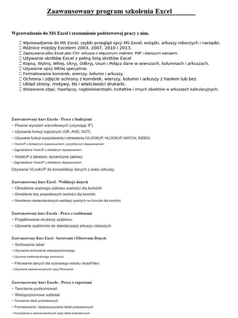 Sylabus Szkolenia Excel Pdf