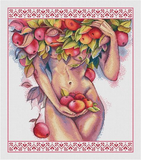 Cross Stitch Pattern Of A Naked Woman With Apples Modern Folk Art Stylish Home Decor From