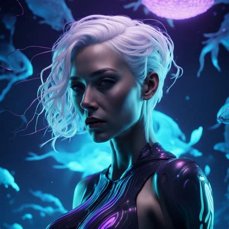 Futuristic Whitehair Woman Black Light Art Uv Light Under Water