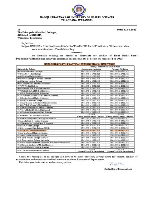 Knruhs Mbbs 1st Year Exam Schedule 2025 Pdf Medical School Health
