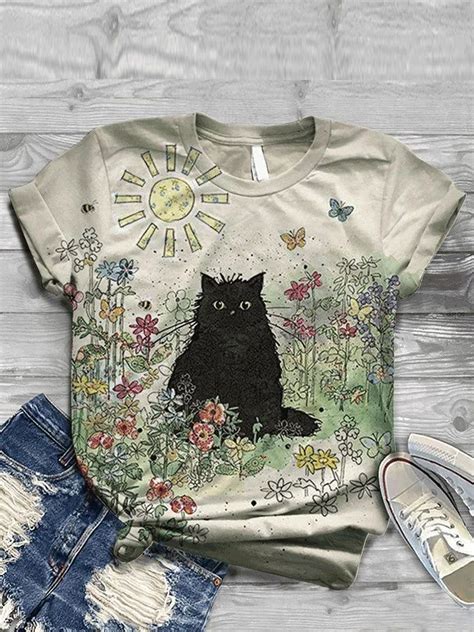 Womens Cat Print Crew Neck Short Sleeve Tee Shirt Cheap Summer Cat