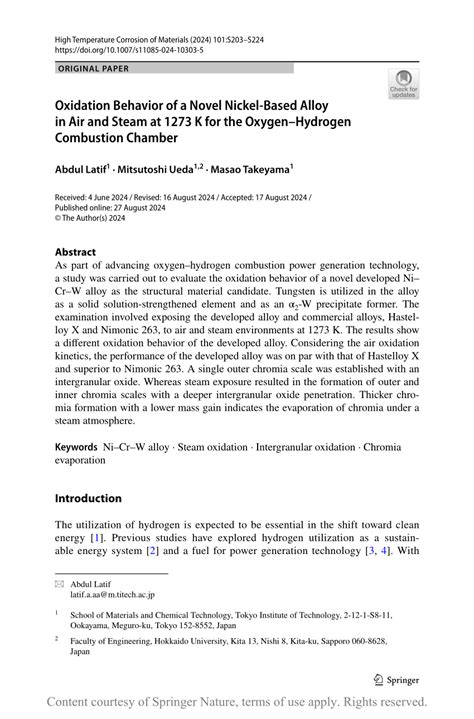 Pdf Oxidation Behavior Of A Novel Nickel Based Alloy In Air And Steam