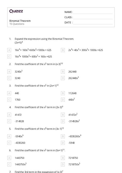 50 Binomial Theorem Worksheets For 11th Class On Quizizz Free