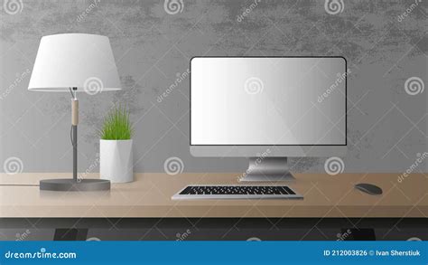 office workplace monitor keyboard computer mouse table lamp