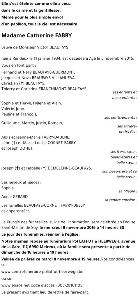 Avis De Décès De Catherine Fabry Décédé Le 05112016 à Aye Annonce Condoléances Fleurs Etc