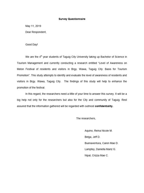 Thesis Survey Questionnaire Level Of Awareness Of Selected Barangays