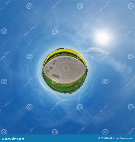 Simple Little Tiny Planet Without Buildings In Blue Sky With Beautiful Clouds Transformation Of