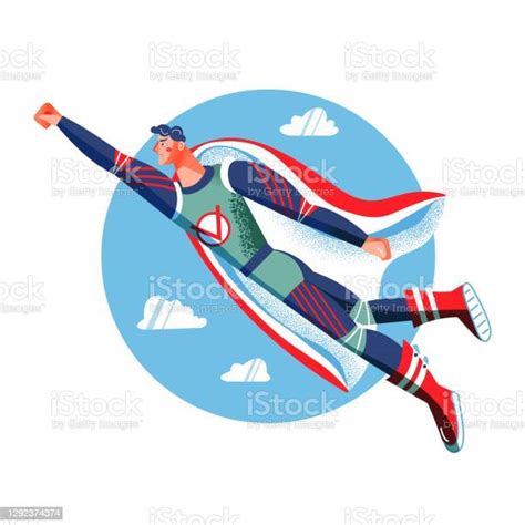 의상 비행남성 슈퍼 히어로 케이프 벡터 일러스트와 슈퍼 남자 푸른 하늘 배경에 포즈를 취하는 힘을 가진 만화 남자 사람들을 구하기 위해 서둘러 용감한 소년 가공의 인물에