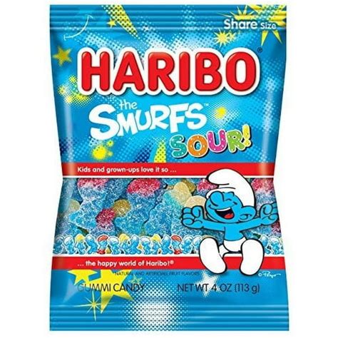 Haribo Sour Smurfs Gummy Candy 12 Count Pack 4 Oz Bags Each Sour