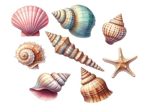 Premium Psd Digital Drawing Realistic Beautiful Sea Shells Of Various Colors And Textures Isolated