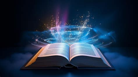 Premium Photo Open Book Bible And Light On Blue Background Generative Ai