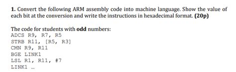 solved 1 convert the following arm assembly code into