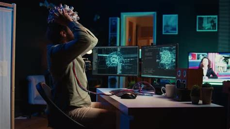 Computer Scientist Putting Eeg Headset On Starting Mind Upload Process