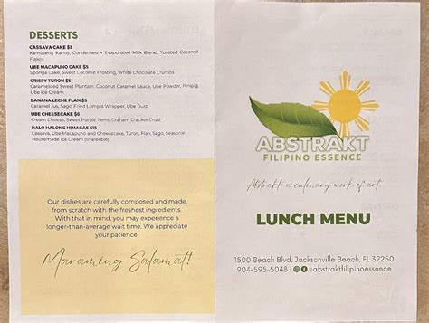 Menu At Abstrakt Filipino Essence Restaurant Jacksonville Beach Beach