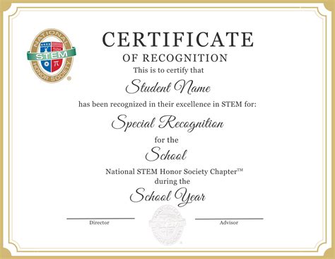 National Stem™ Honor Society Customized Excellence In Stem Certificate