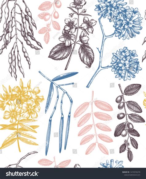 2451 Engraving Style Hand Drawn Outline Flowers Seamless Pattern