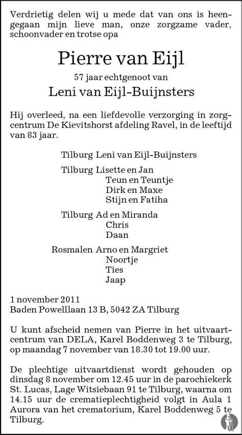 Pierre Van Eijl 01 11 2011 Overlijdensbericht En Condoleances Mensenlinq Nl