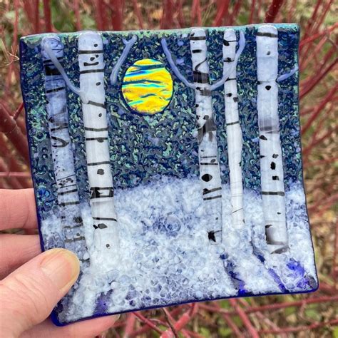 Fused Glass Aspens Birch Trees In Moonlight Snow Glass Art Etsy Fused Glass Fused Glass