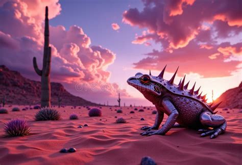 A Spiky Toad Sits In A Desert Landscape At Sunset With Dramatic Clouds