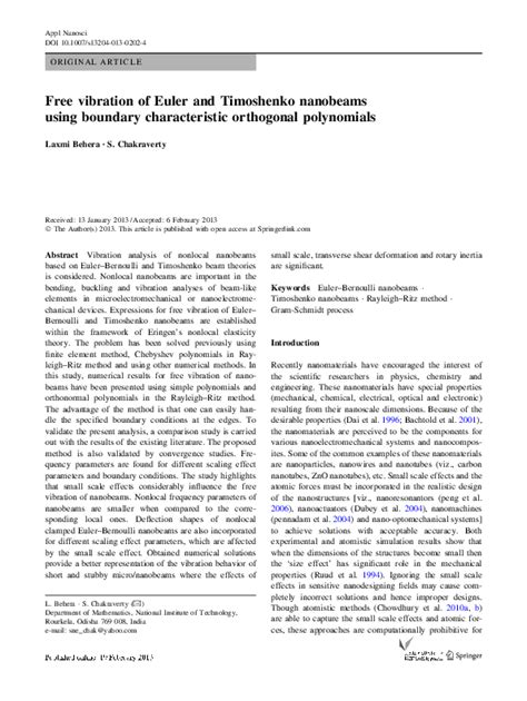 Pdf Free Vibration Of Euler And Timoshenko Nanobeams Using Boundary