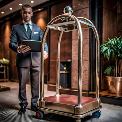 A Professional Hotel Concierge Stands Beside A Luggage Cart In A