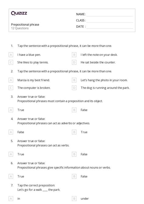50 Lembar Kerja Frase Preposisional Untuk Kelas 6 Di Quizizz Gratis