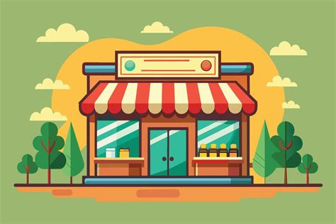 A Colorful Cartoon Illustration Depicts A Small Storefront With A Red