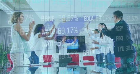 Image Of Interface With World Map And Data With Business Colleagues Celebrating Success Stock