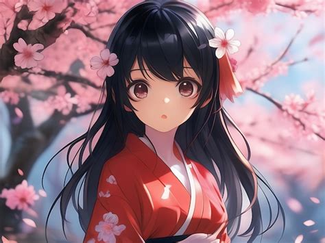Premium Photo Anime Girl In Kimono Among Cherry Blossoms