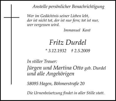 Traueranzeigen Von Fritz Durdel Trauer In Nrwde