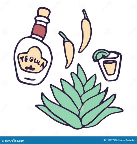 Tequila And Hot Pepper On White Isolated Backdrop Stock Vector Illustration Of Hand Folk