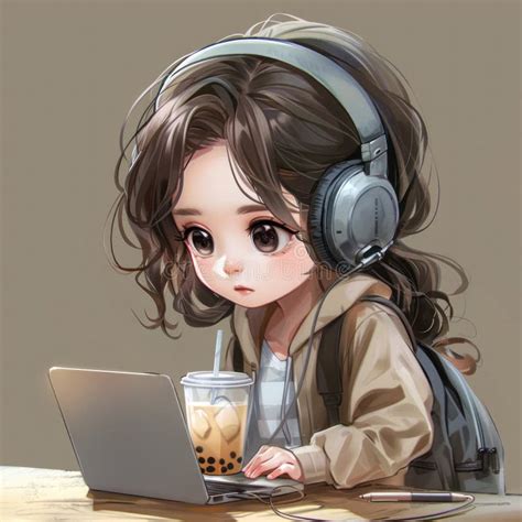 Square Snapshot Of A Chibi Girl With Headphones Focused On A Laptop A